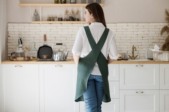 Green Linen Cross Back Apron With Pockets for Women and Men in - Etsy