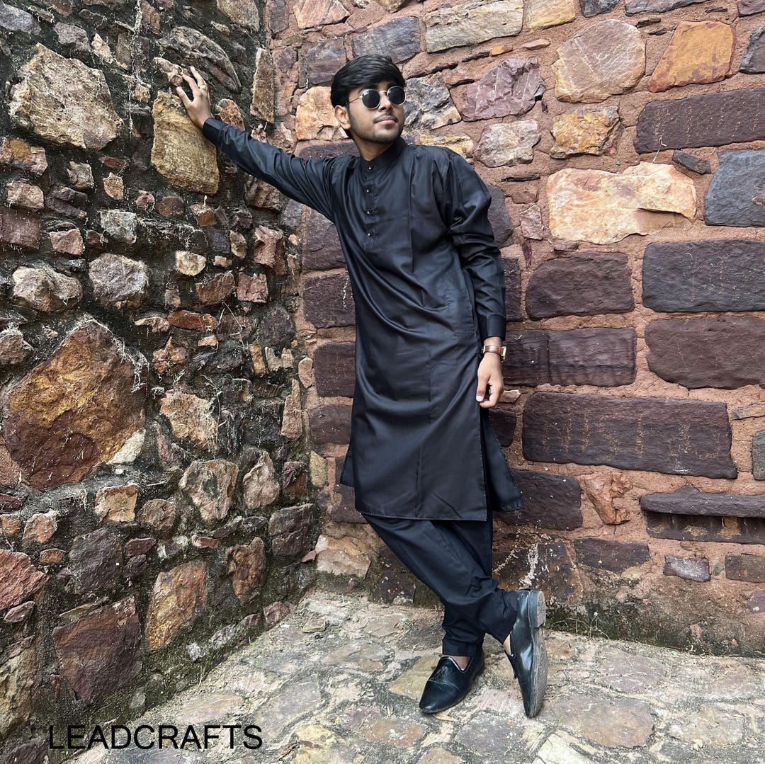 Men's Black Cotton Kameez Shalwar: Slim Fit Pakistani Indian Outfit - Etsy