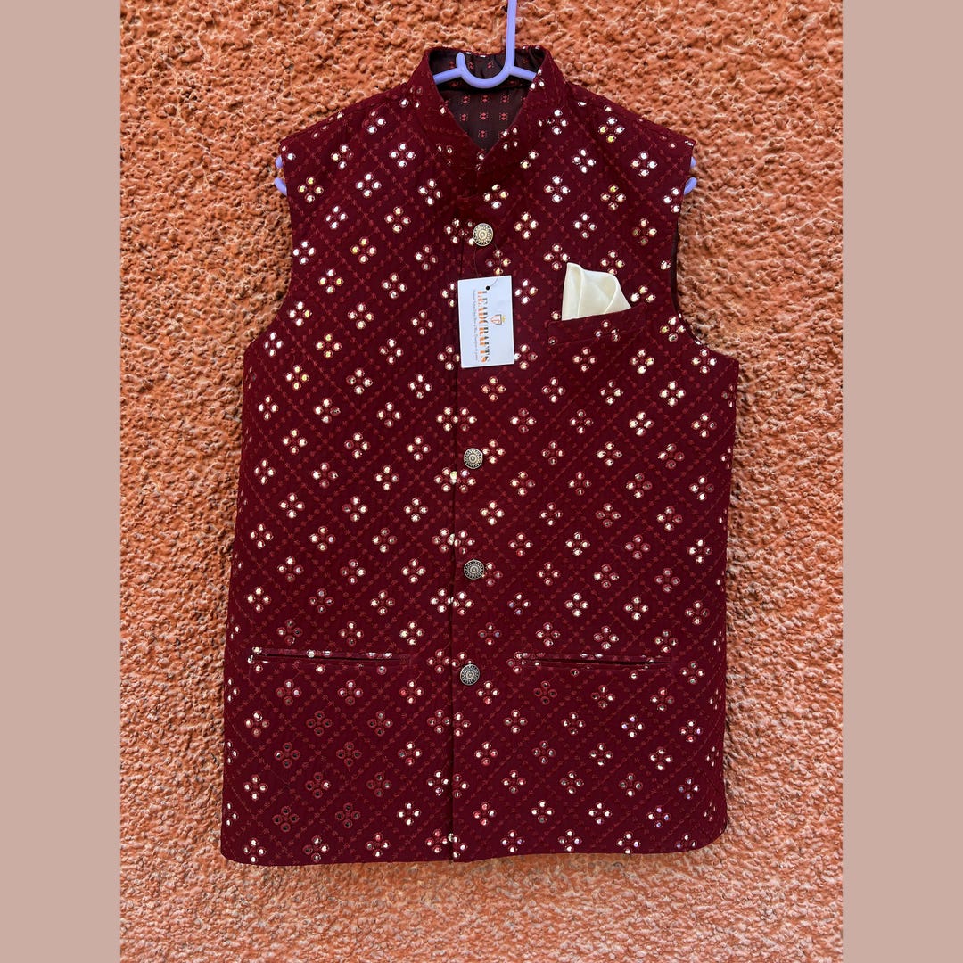 Mens Shimmer Work Nehru Jacket: Georgette Chikankari Mirror Vest - Etsy