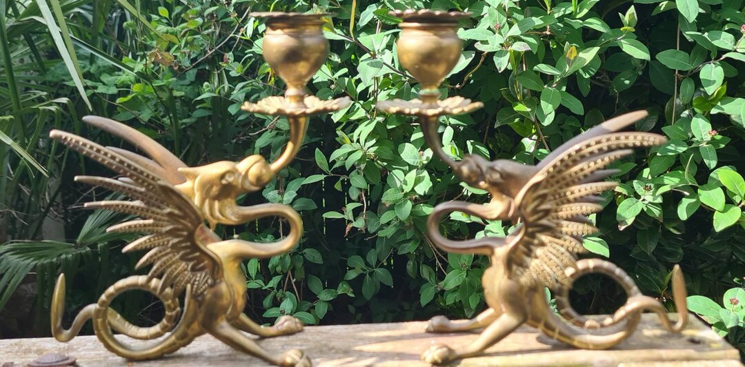 Antique Pair Brass Griffin Phoenix Dragon Candlesticks Candle Holders ...