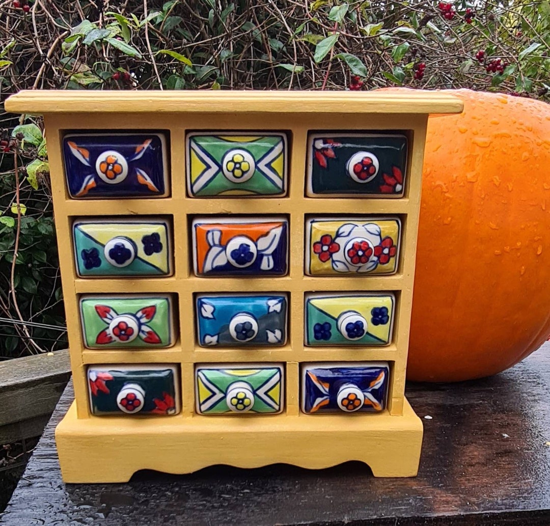 Vintage Wood & Ceramic Altar Chest Curio Cabinet Herb Chest, Witches ...