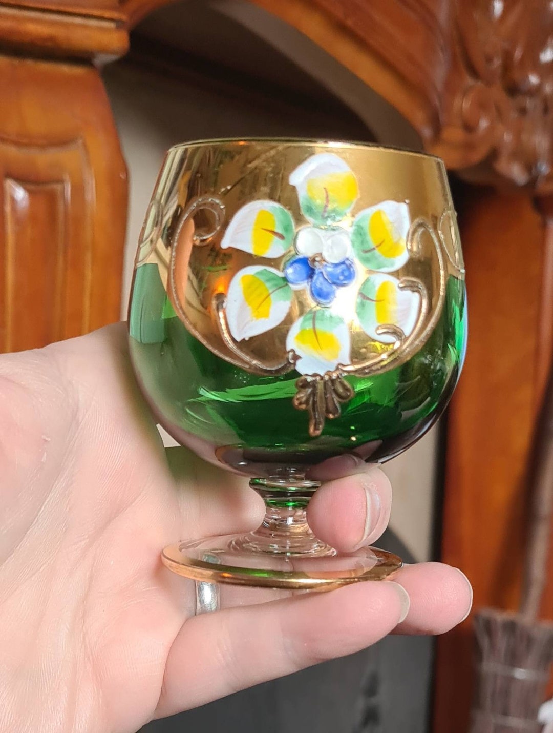Cáliz de copa de cristal verde de Murano y cristal de oro de 24 ...