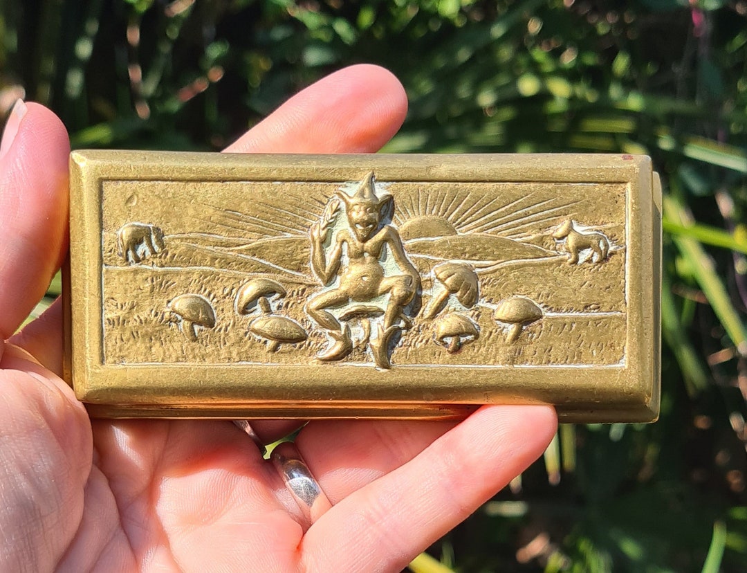 RARE Antique Brass Cornish Piskey Pixie Imp Devil Trinket Stamp Box or ...