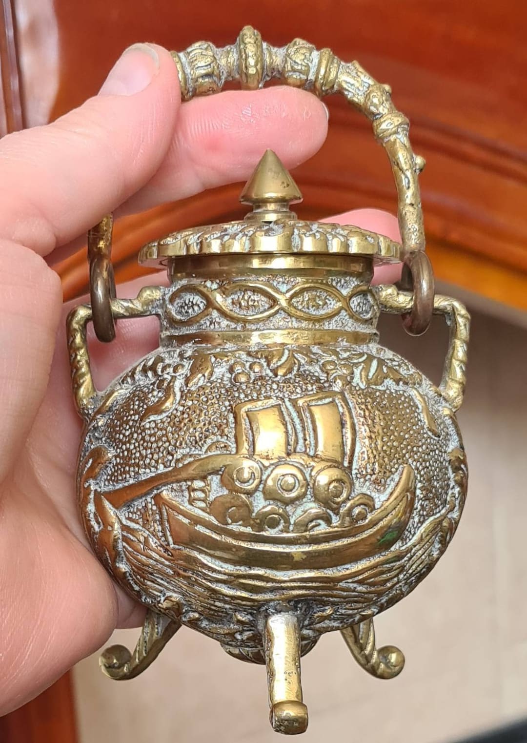 Antique Vintage Unique Brass Cauldron Wth Viking Ship Detail Brass ...