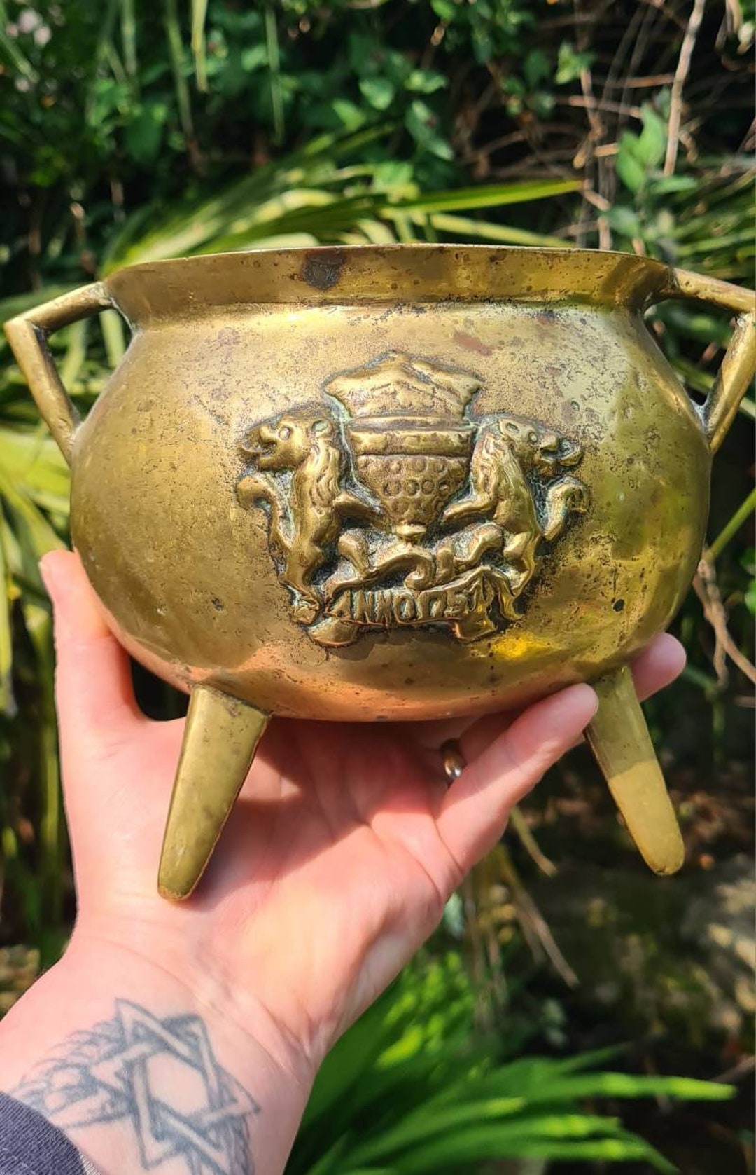 Large Antique Unique Brass Witches Cauldron Anno 1757 Jardinere Planter ...