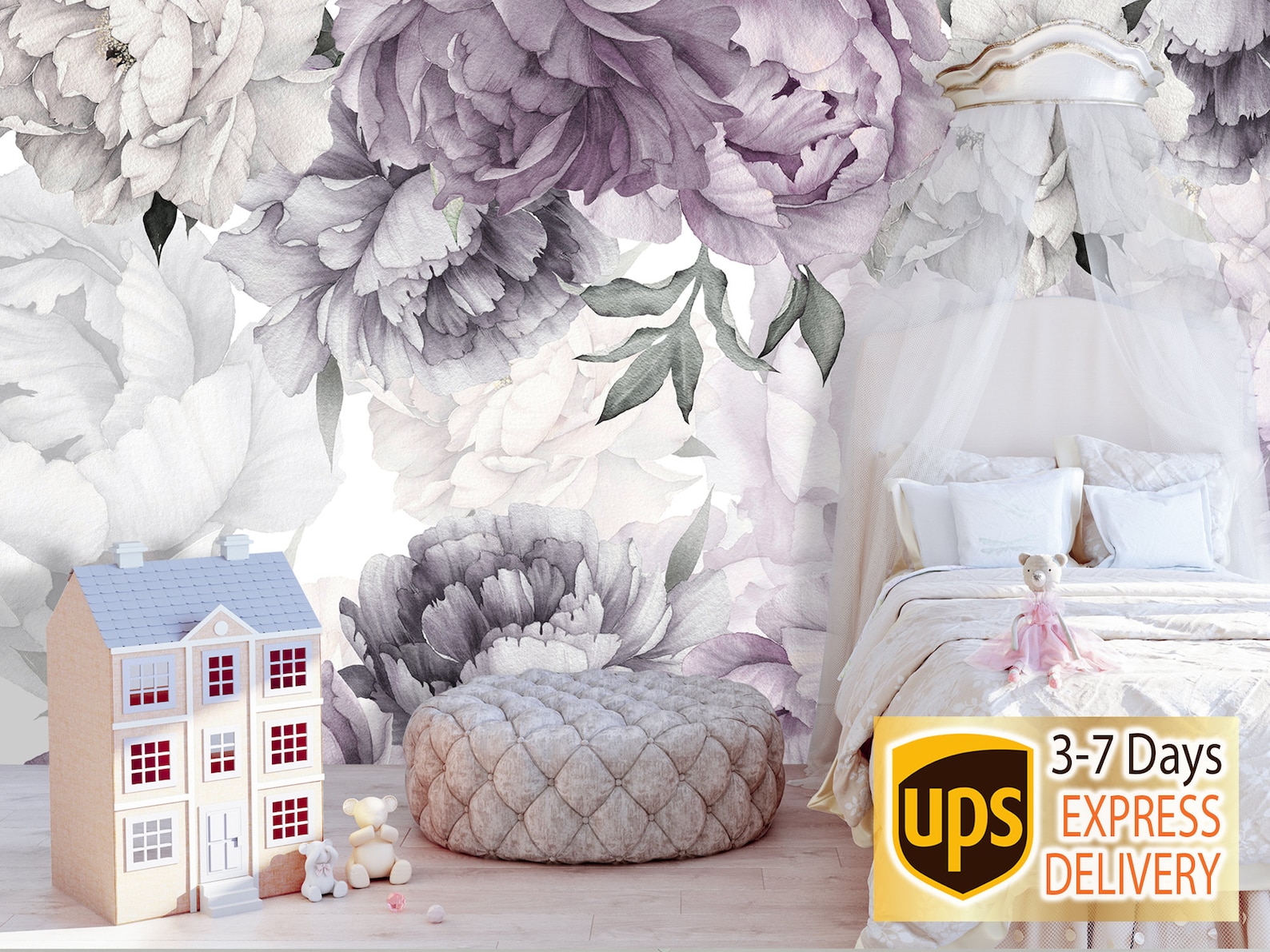 Purple Peony Wallpaper Mural Nursery Girl Watercolor Peony Etsy
