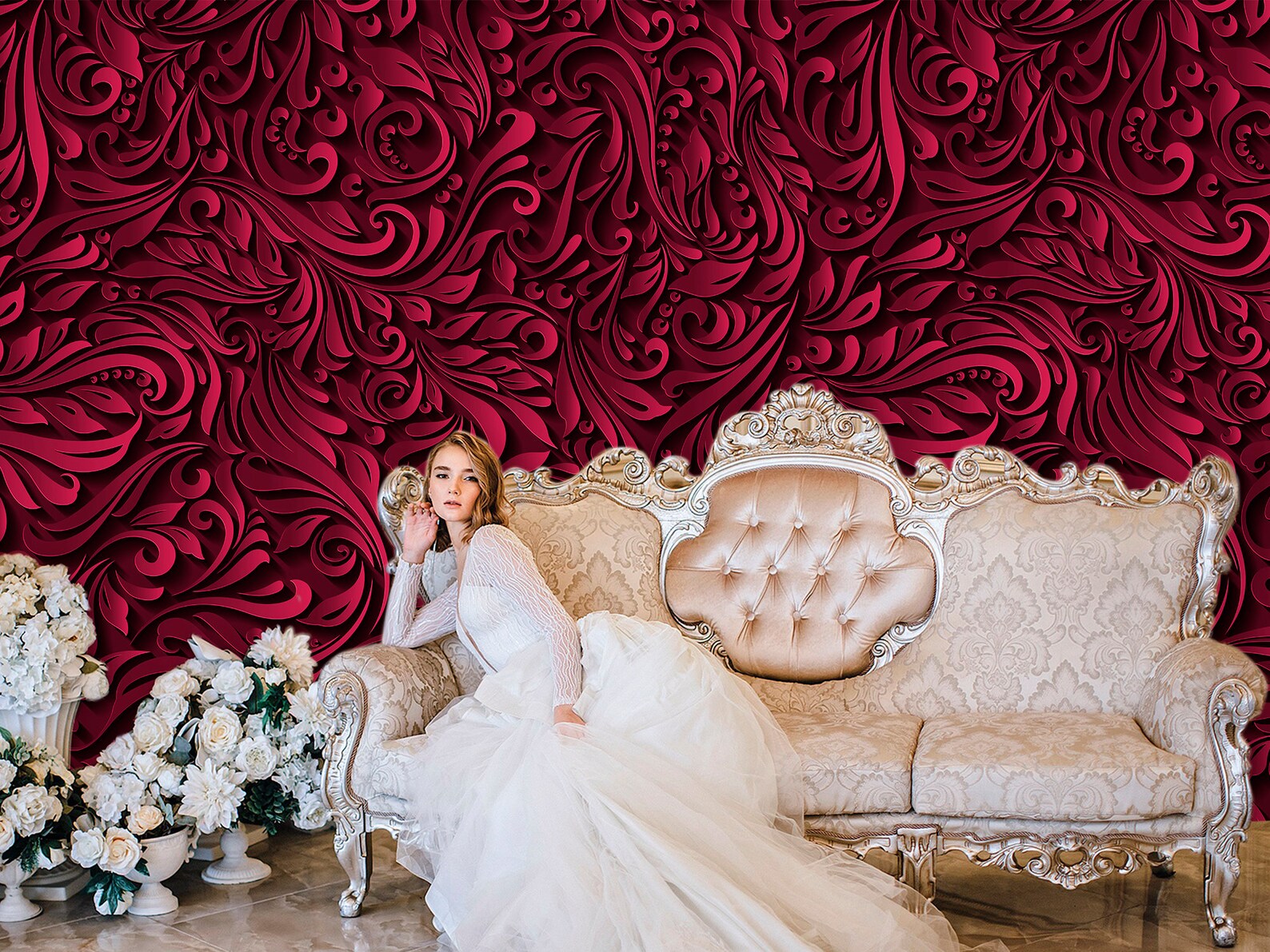 Murrey Floral Wallpaper 3D. Dark Red Wallpaper. Luxury Wall | Etsy