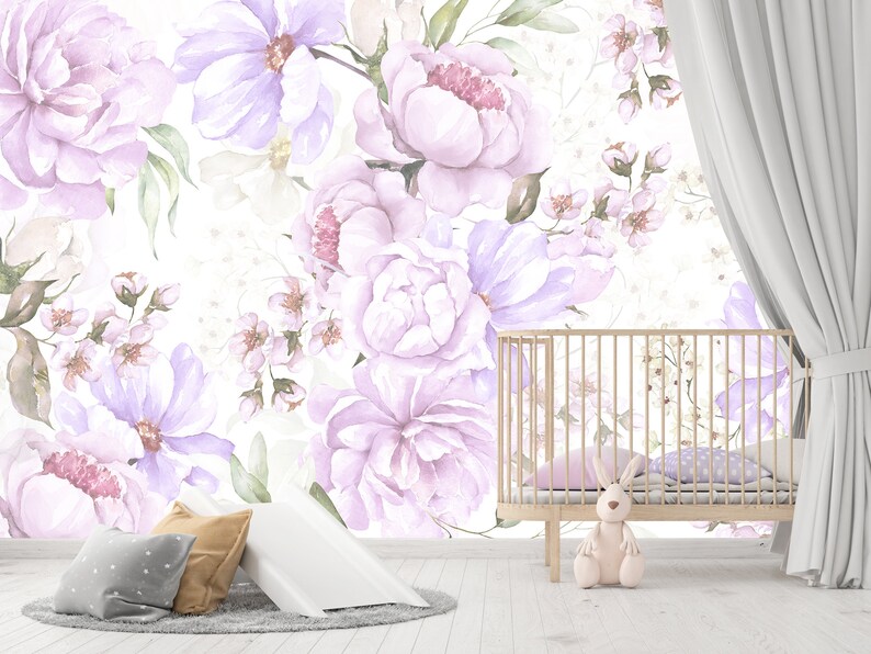 Purple Peony Wallpaper Mural Nursery Girl Pastel Wild Blossom Etsy