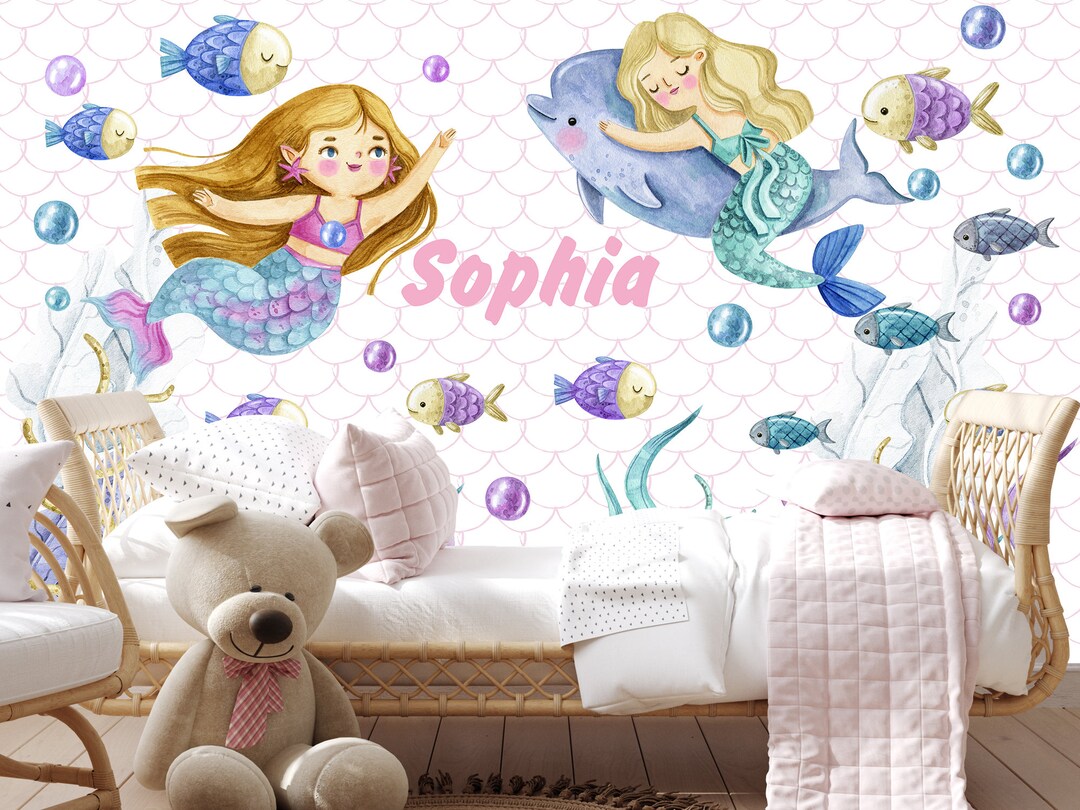 Personalized Mermaid Wallpaper Girl Nursery, Name Crib Mermaid Wall ...