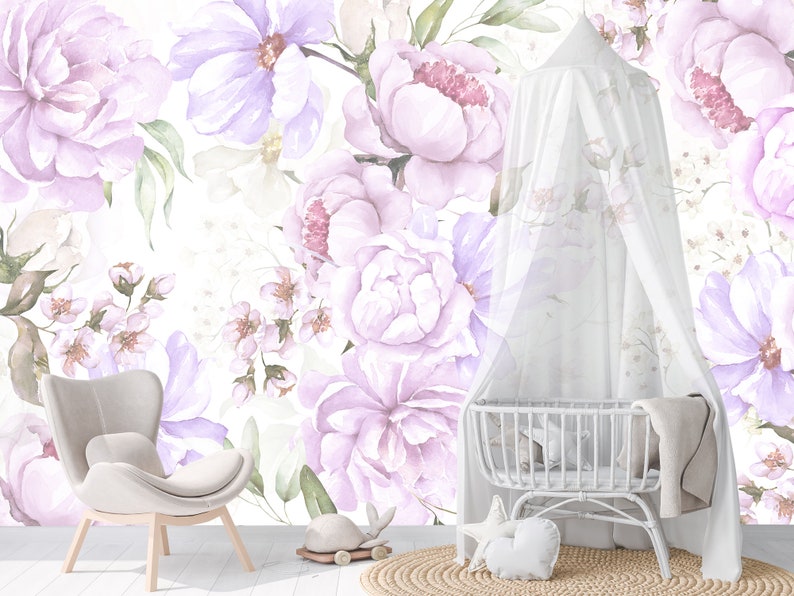 Purple Peony Wallpaper Mural Nursery Girl Pastel Wild Blossom Etsy