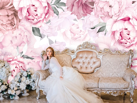 Watercolor Peony Wall Mural for Girl Room. Pink Flower | Etsy