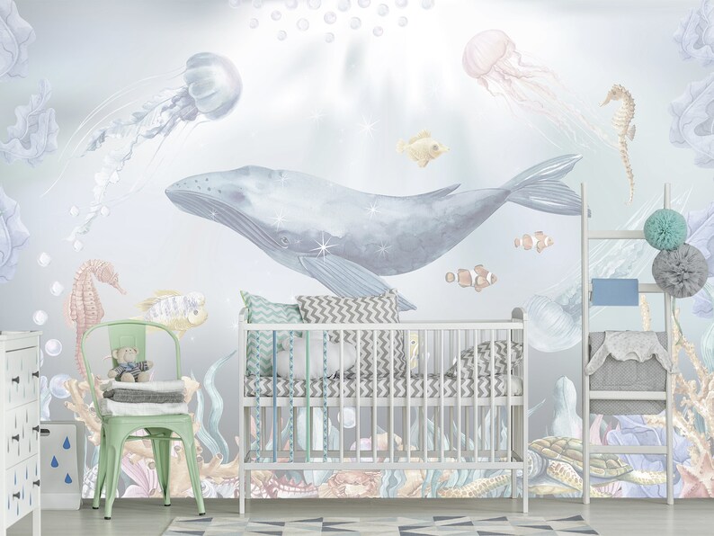 Watercolor Ocean Nursery Mural Underwater Wallcovering Baby - Etsy
