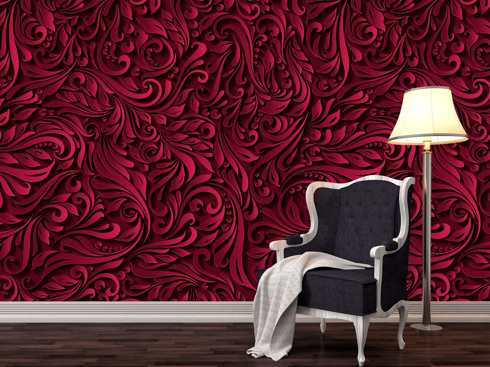 Murrey Floral Wallpaper 3D. Dark Red Wallpaper. Luxury Wall - Etsy