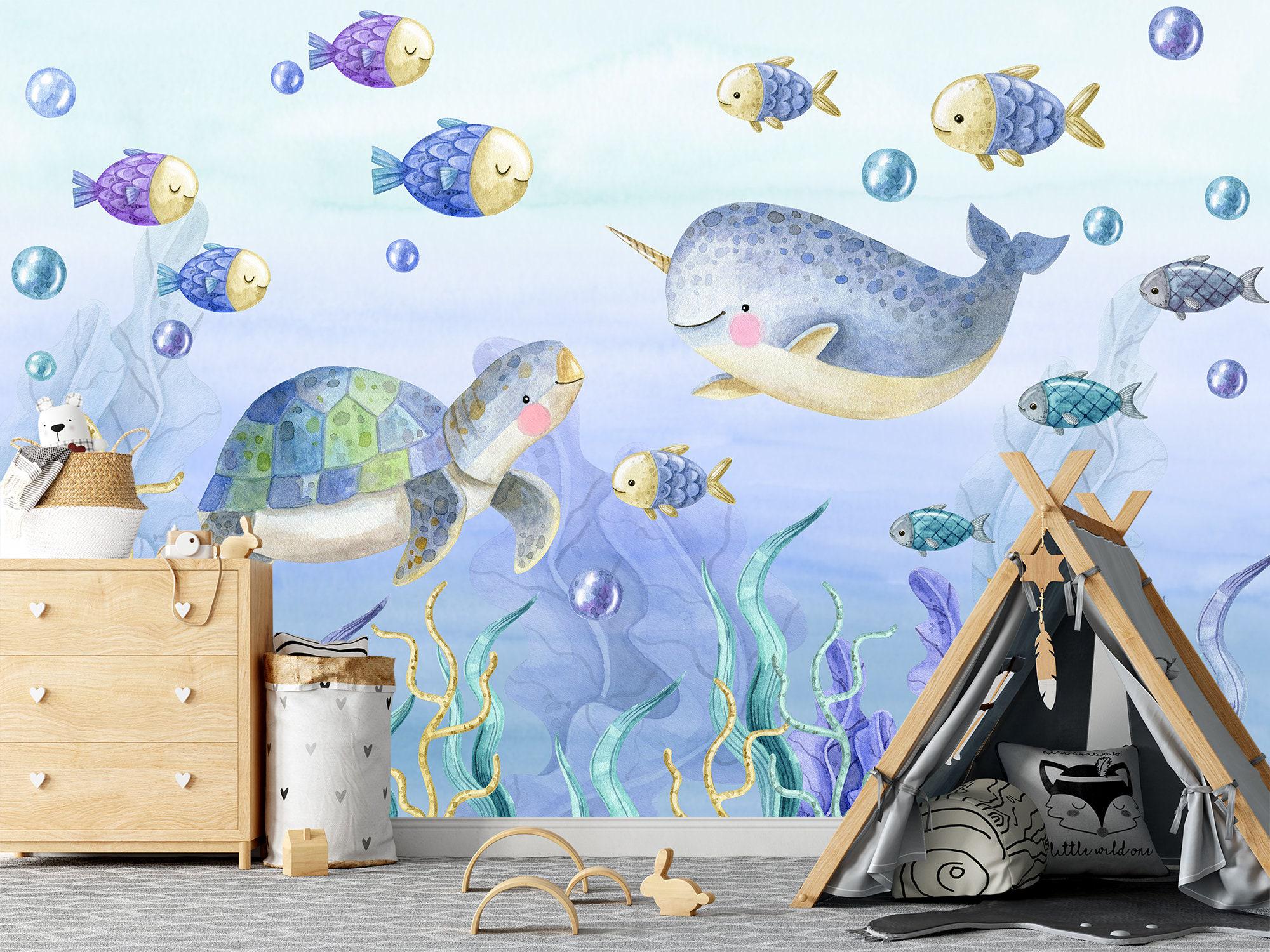 Blue Watercolor Underwater Wallpaper Nursery, Nautical Wall Mural for ...