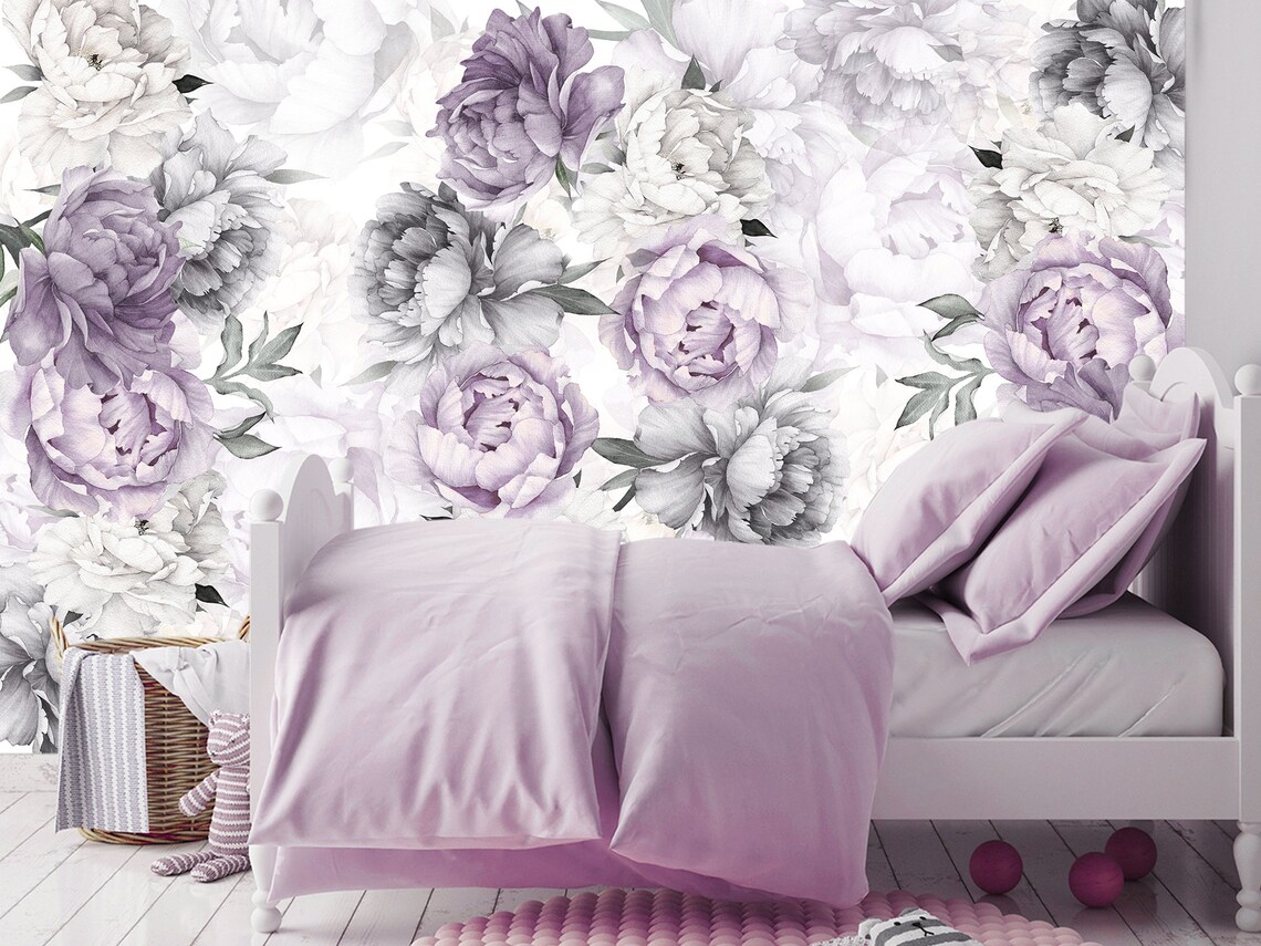 Purple Peony Wallpaper Mural Nursery Girl Vintage Peony Wall Etsy