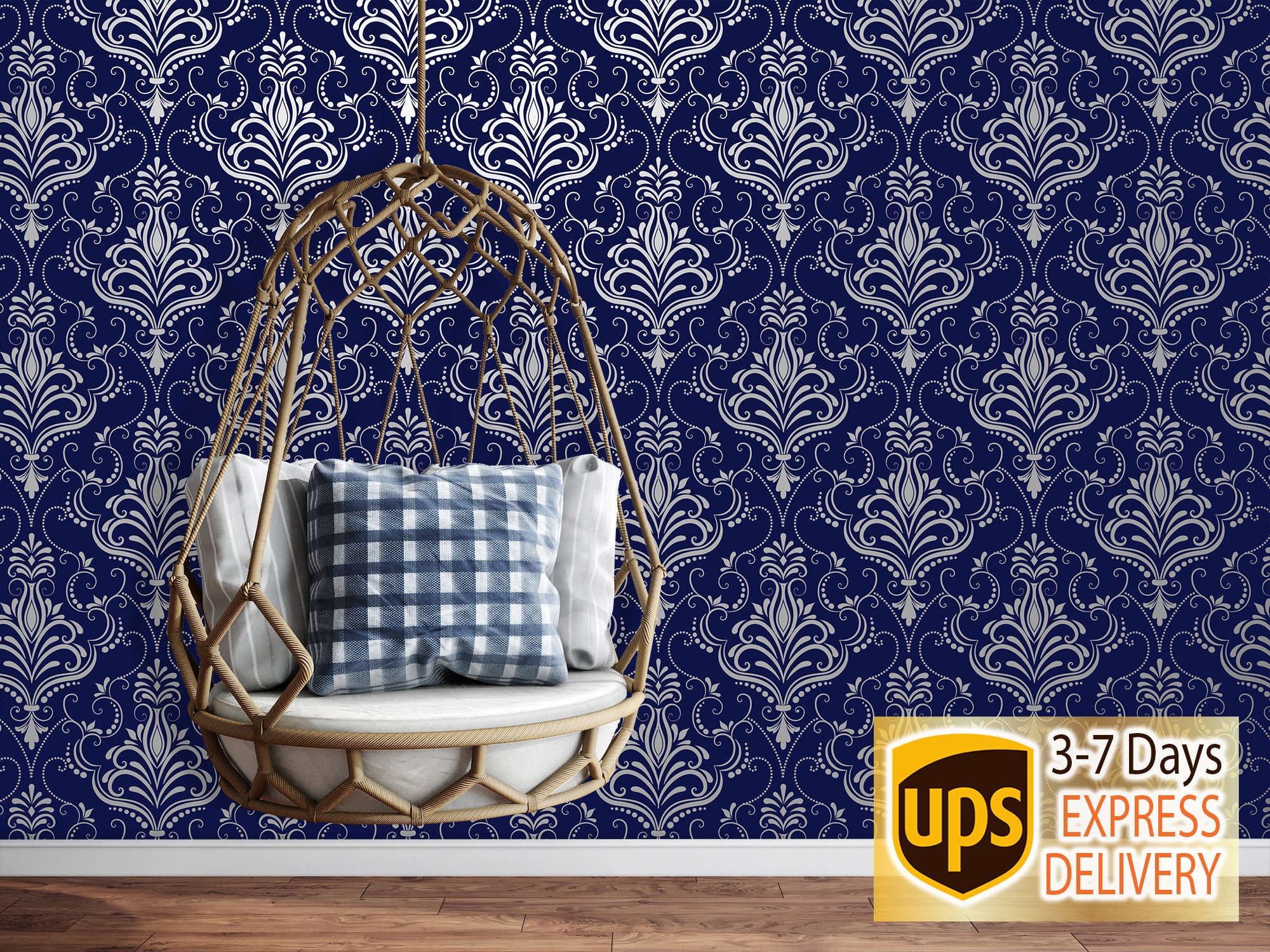 Silver Metallic Damask Wallpaper