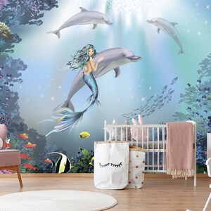 Mermaid Wallpaper for Girl Nursery. Underwater Wallpaper Kid Room ...