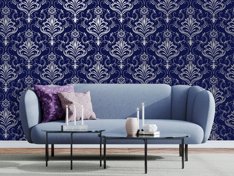 Metallic Silver Navy Blue Wallpaper Damask Decor Baroque - Etsy