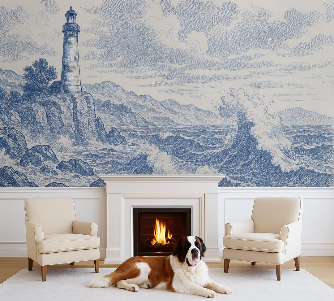 Blue Marine French Toile Wallpaper Peel and Stick, Nautical Scenic ...