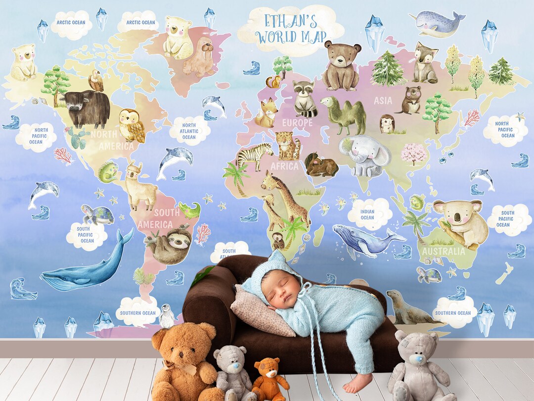 Personalized Animal World Map Wallpaper for Newborn Boy Room, Name Wall ...
