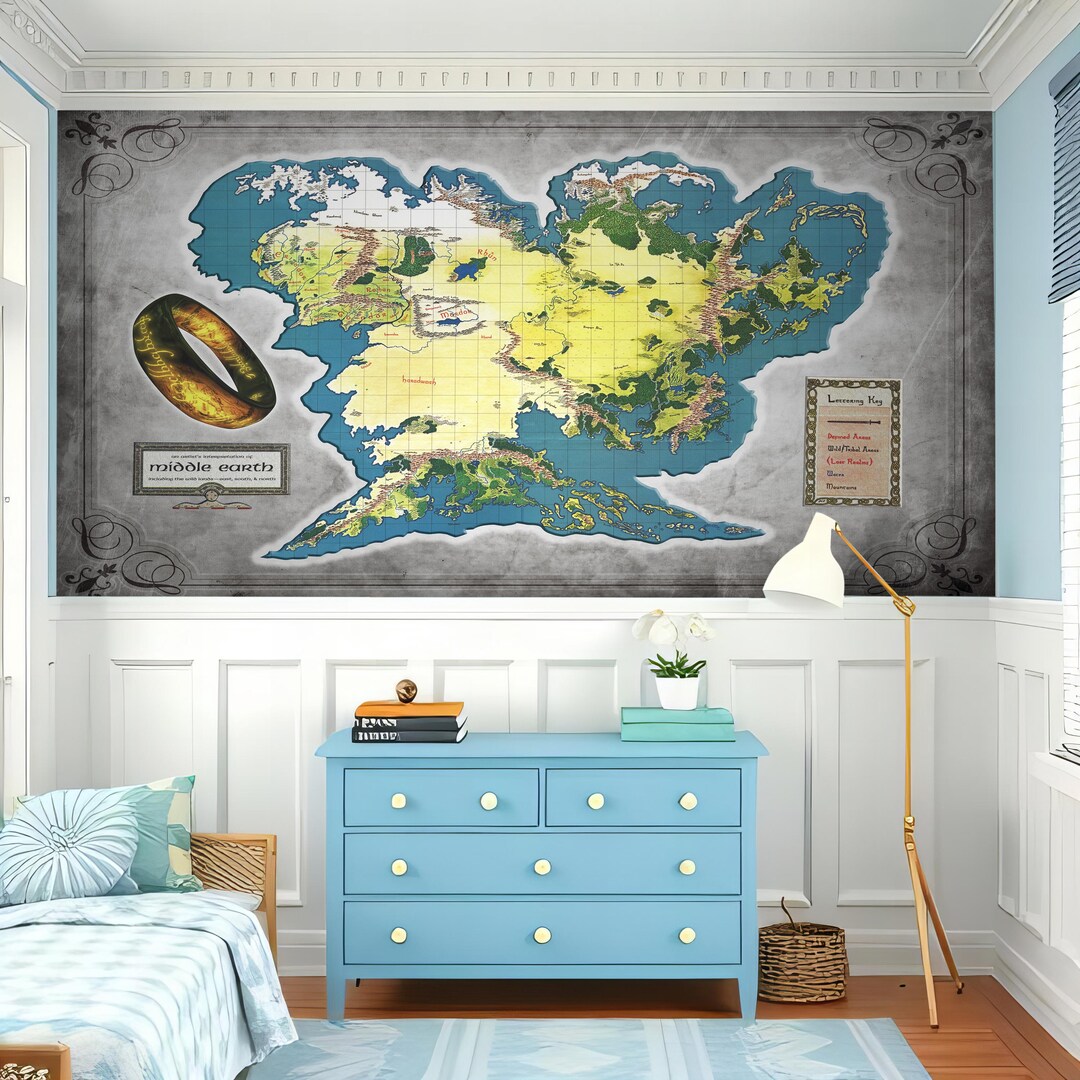 Middle Earth Map Wall Mural, One Ring Wallpaper, The Lord of the Rings Inspired LOTR Wall Art ...