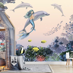 Mermaid Wallpaper Ombre Girl Room. Underwater Nursery Wall Mural ...