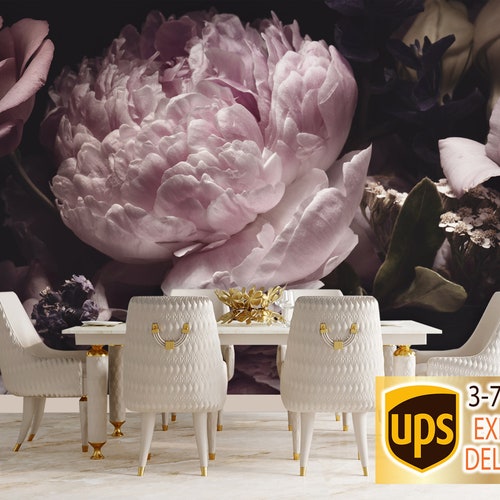 Purple Peony Wallpaper Mural Nursery Girl Vintage Peony Wall Etsy