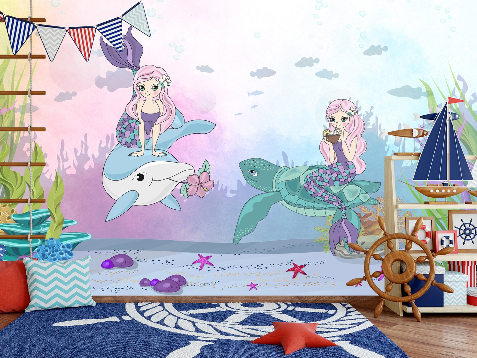 Mermaid Wallpaper for Girl. Underwater Wallpaper Kid Room. | Etsy