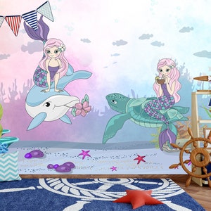 Mermaid Wallpaper for Girl. Underwater Wallpaper Kid Room. Mermaid Wall ...