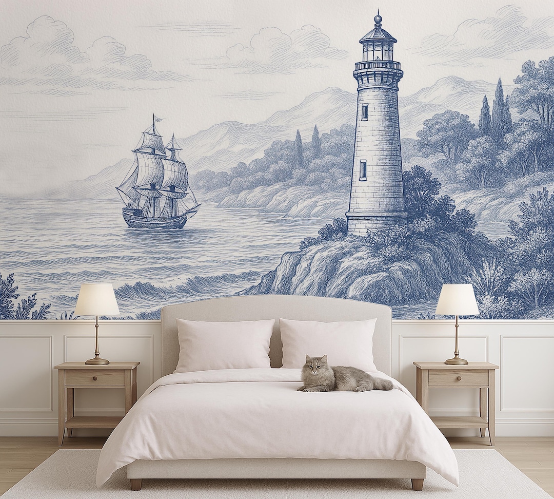 Blue Nautical Seaside French Toile Wallpaper Peel and Stick, Scenic ...