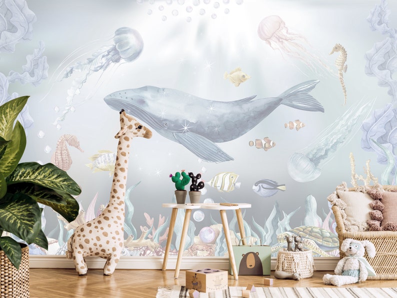 Watercolor Ocean Nursery Mural Underwater Wallcovering Baby - Etsy