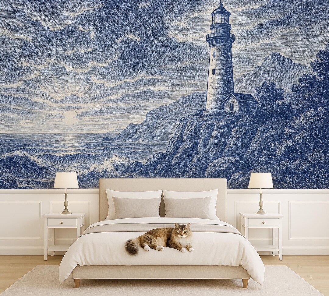 Blue Nautical Seaside French Toile Wallpaper Peel and Stick, Scenic ...