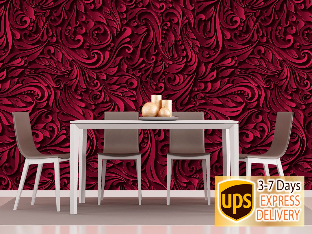 Murrey Floral Wallpaper 3D. Dark Red Wallpaper. Luxury Wall - Etsy