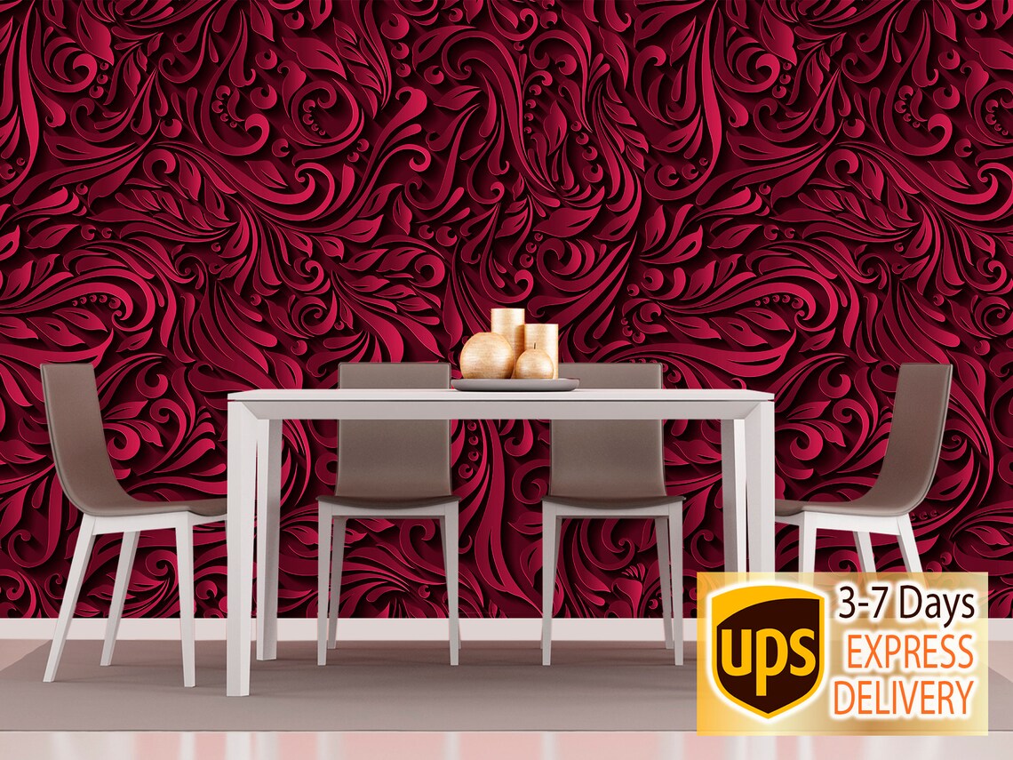 Murrey Floral Wallpaper 3D. Dark Red Wallpaper. Luxury Wall | Etsy