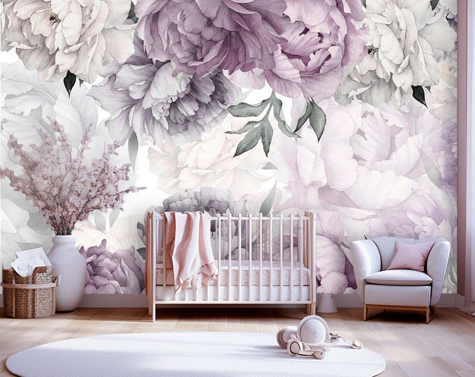 Purple Peony Wallpaper Mural Nursery Girl Watercolor Peony Wall Art