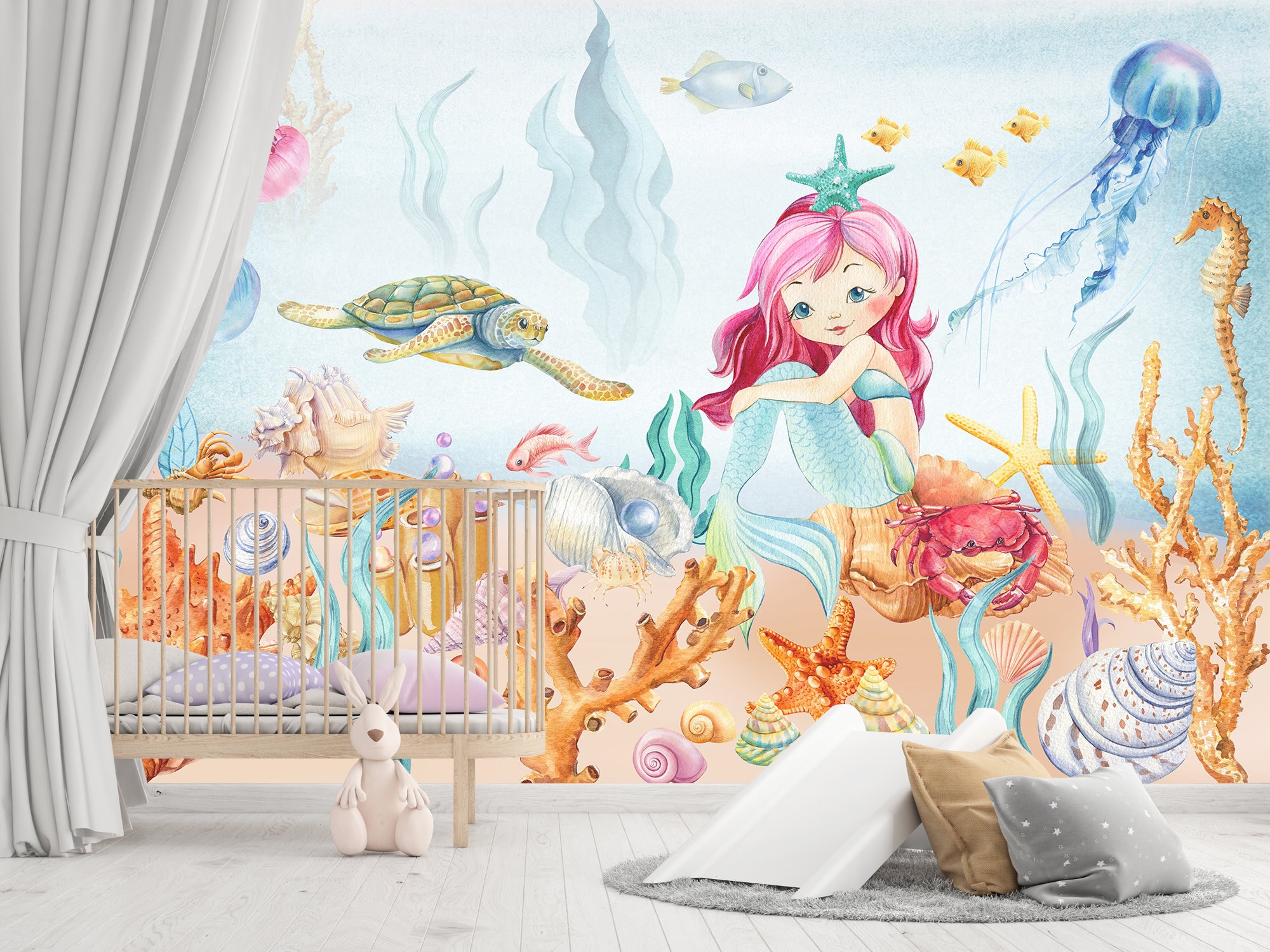 Mermaid Wallpaper Girl Nursery Underwater Wallcovering Baby - Etsy