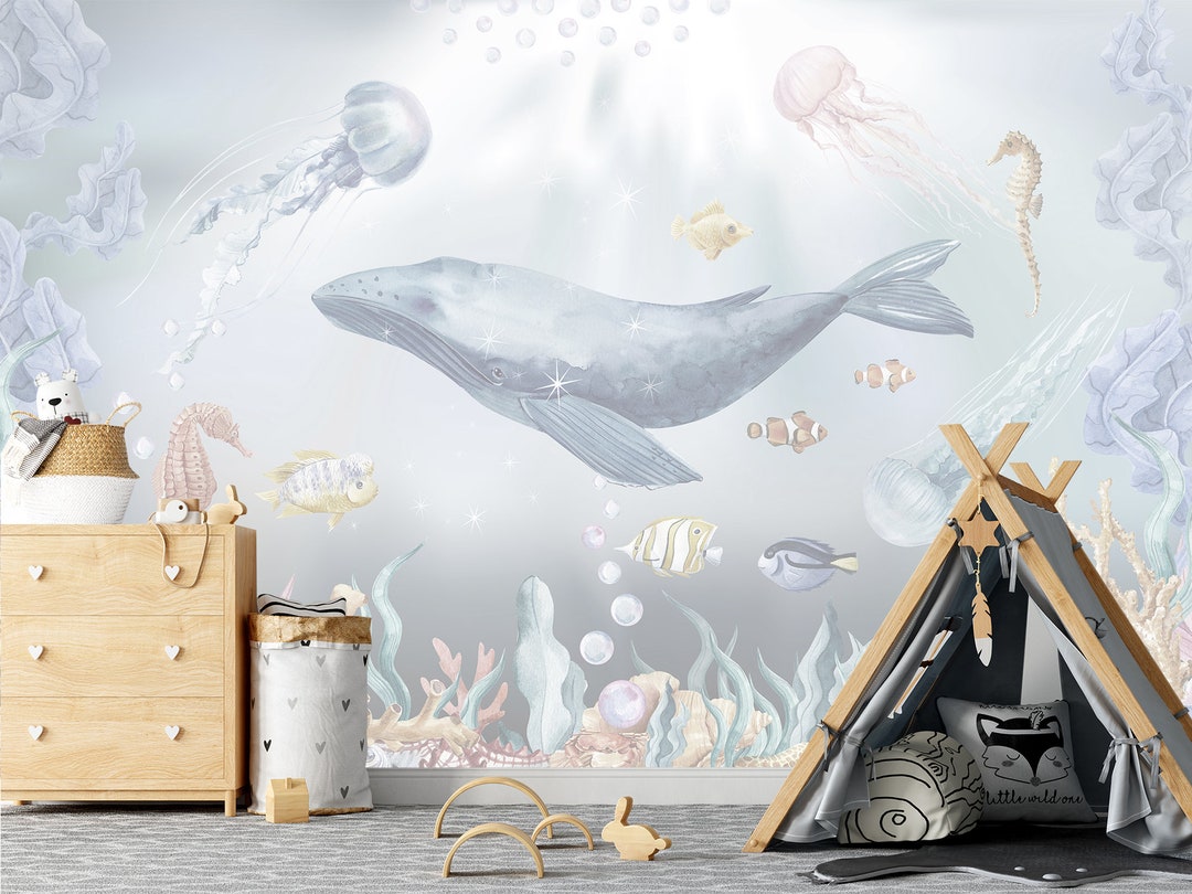 Watercolor Ocean Nursery Mural, Underwater Wallcovering Baby Room ...
