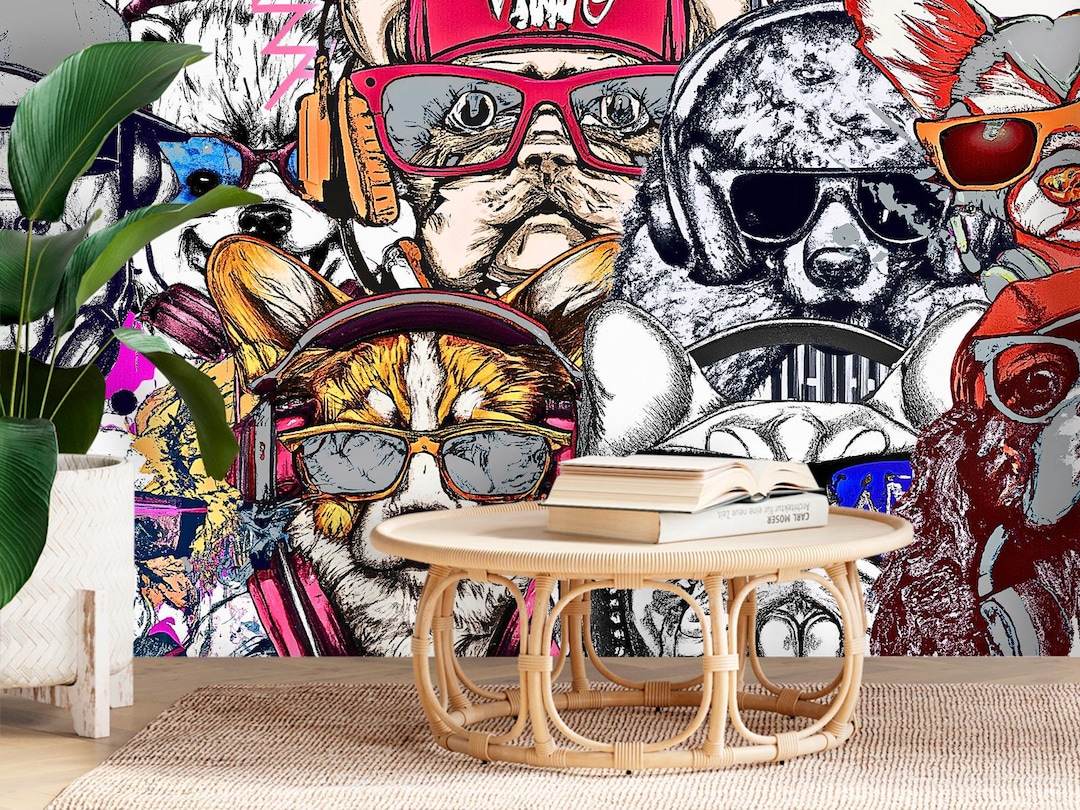 Cool Dogs Wallpaper Peel and Stick, Funky Cartoon Animal Wall Mural ...