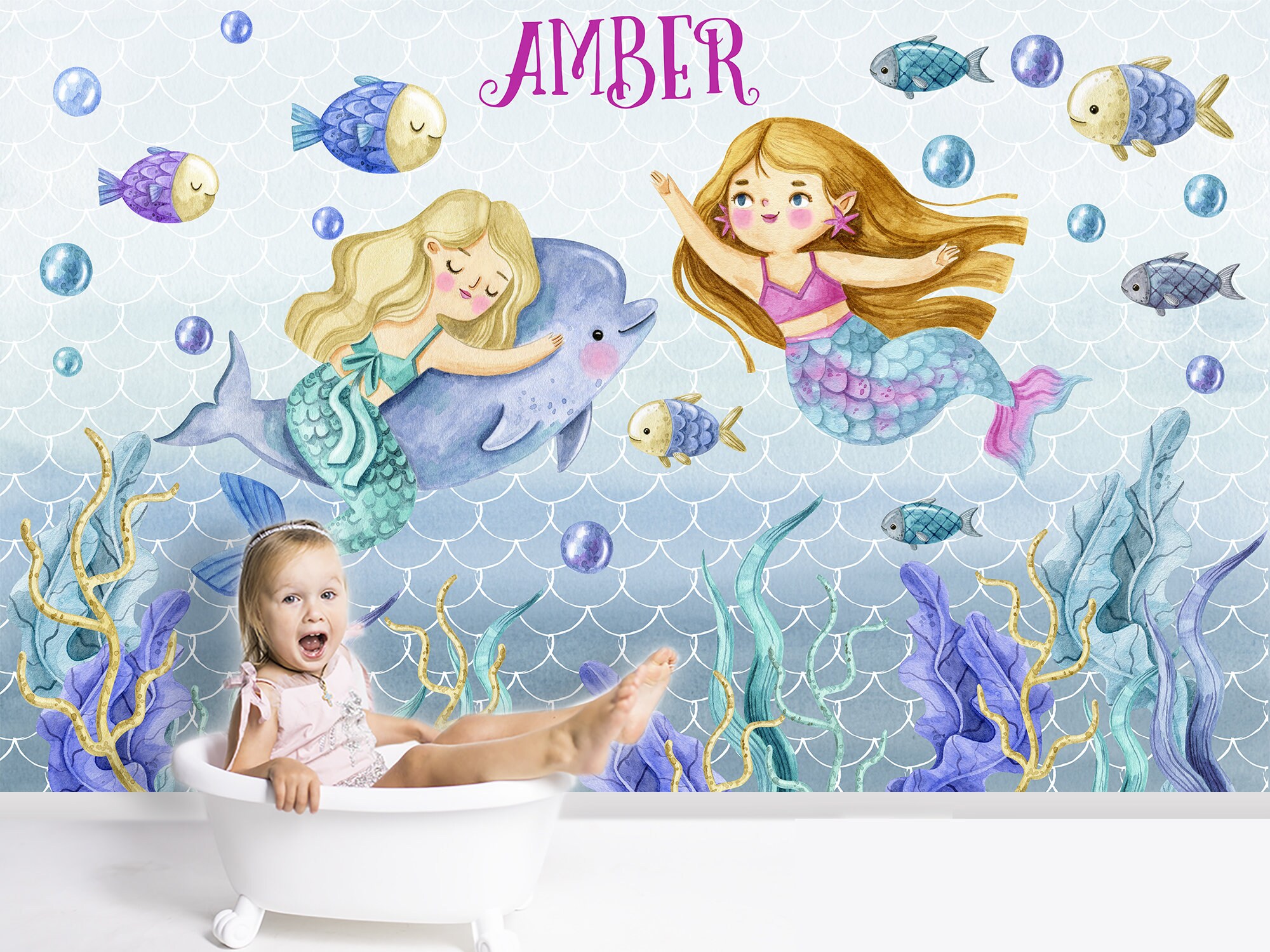 Personalized Mermaid Wallpaper for Girl Nursery Mermaid Tail | Etsy