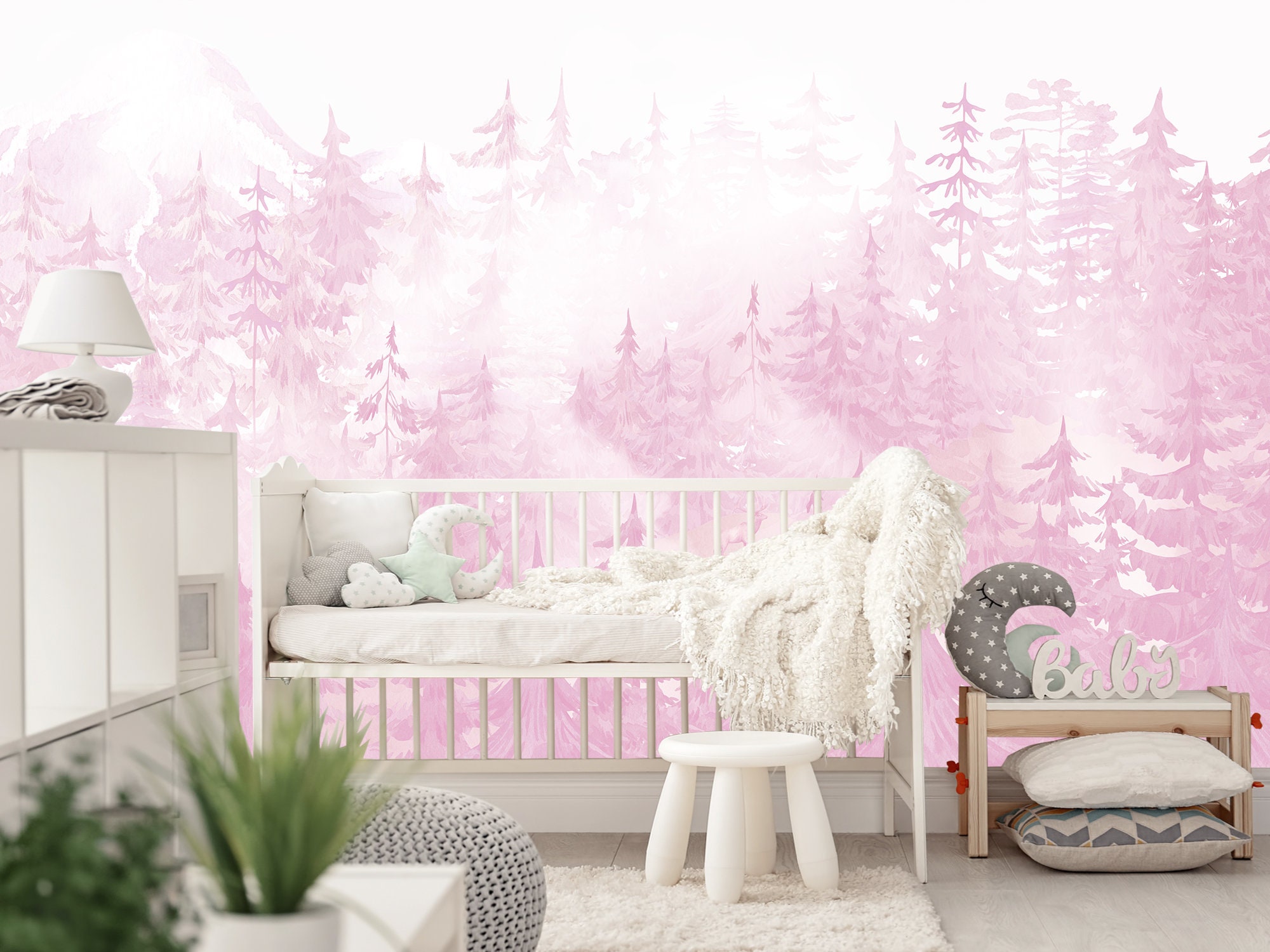 Pink Forest Wallpaper Baby Girl Nursery Watercolor Mountain - Etsy