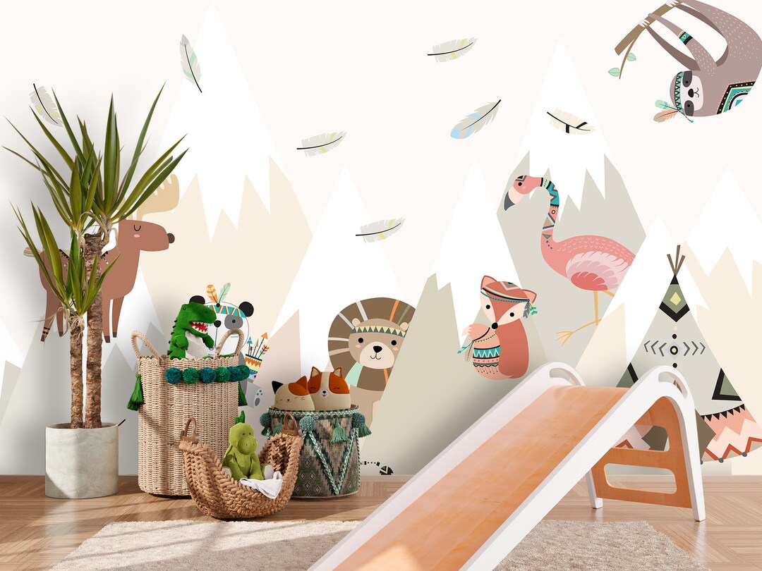 Boho Mountain Wallpaper Nursery Girl, Woodland Wallpaper Mural, Forest ...