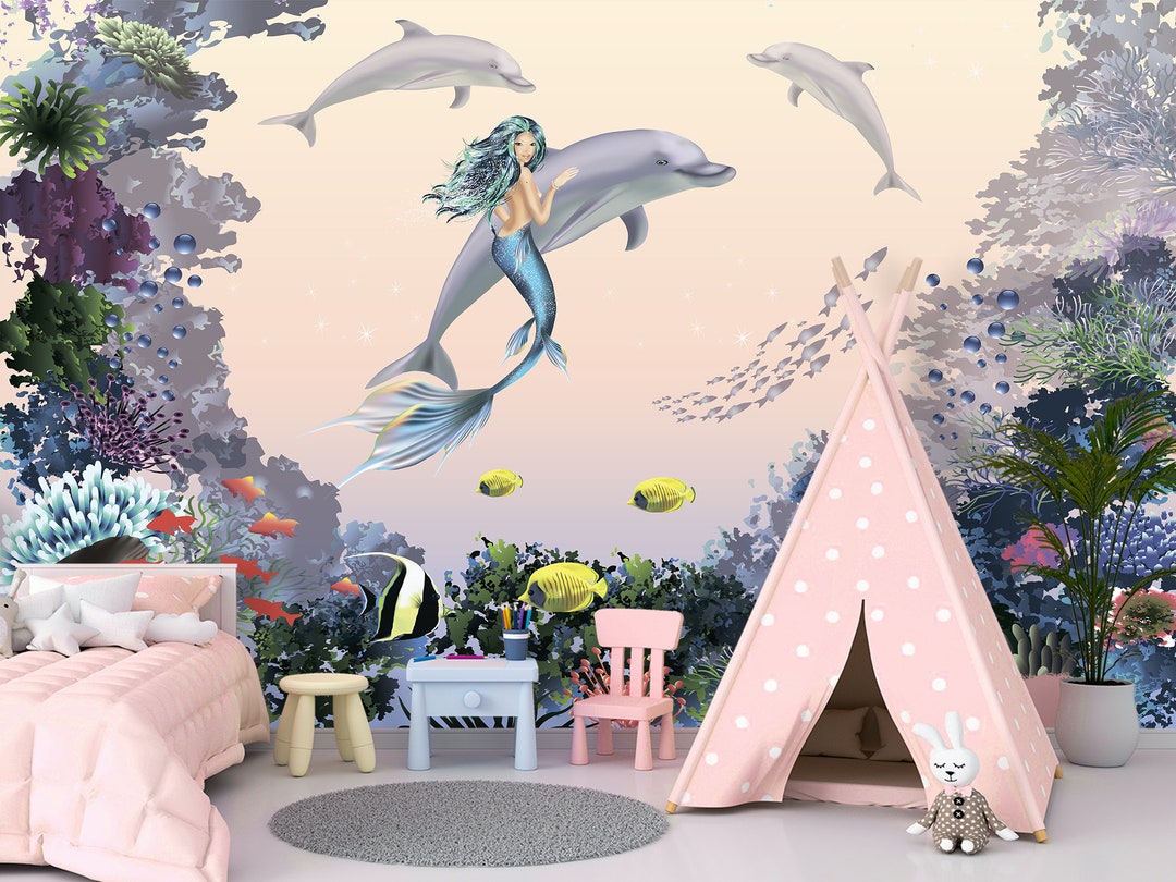 Mermaid Wallpaper Ombre Girl Room. Underwater Nursery Wall Mural ...