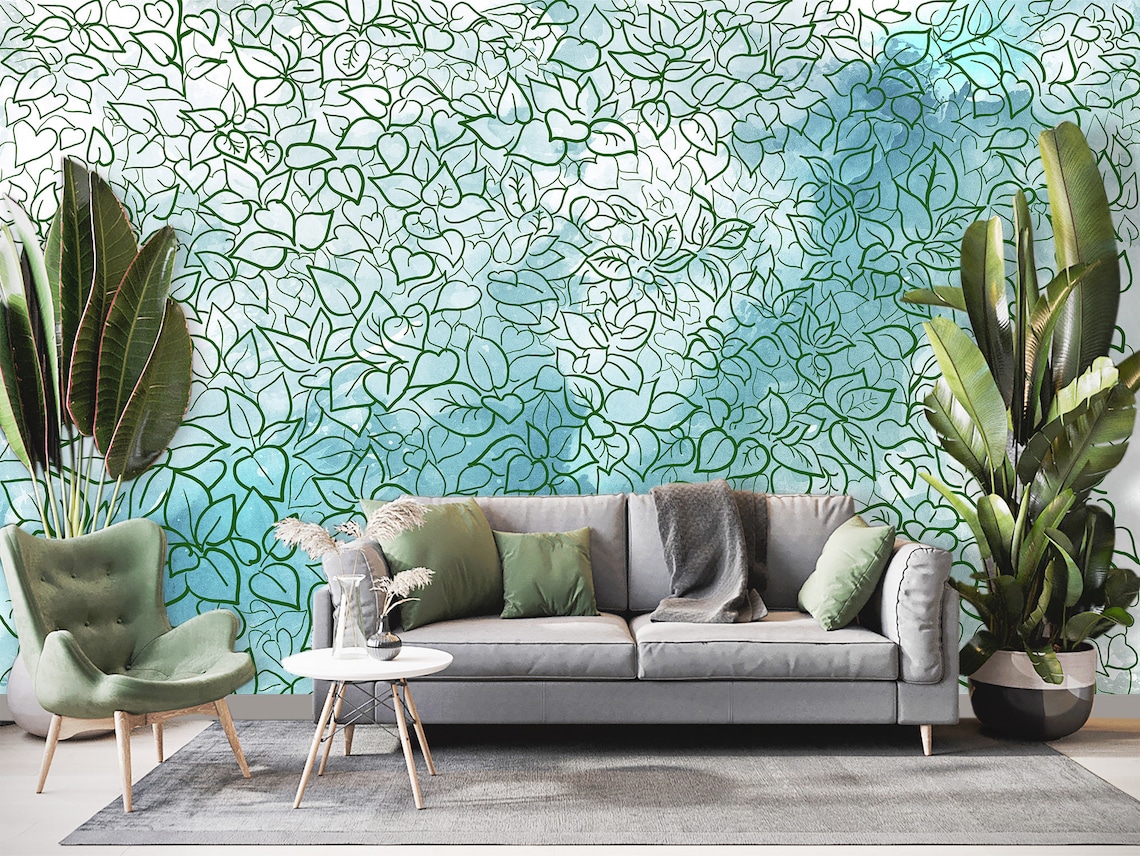Watercolor Leaves Wallpaper. Green Floral Leaf Wallpaper. - Etsy
