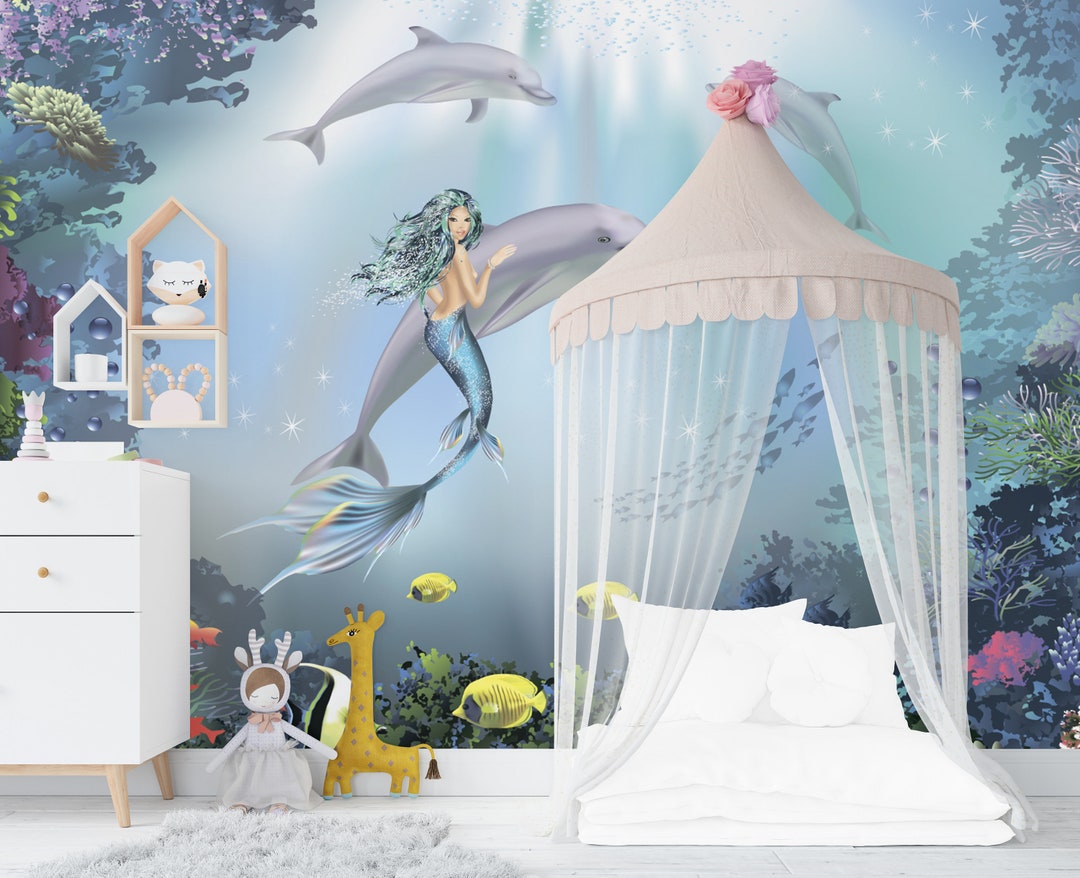 Mermaid Wallpaper for Girl Nursery. Underwater Wallpaper Kid Room ...