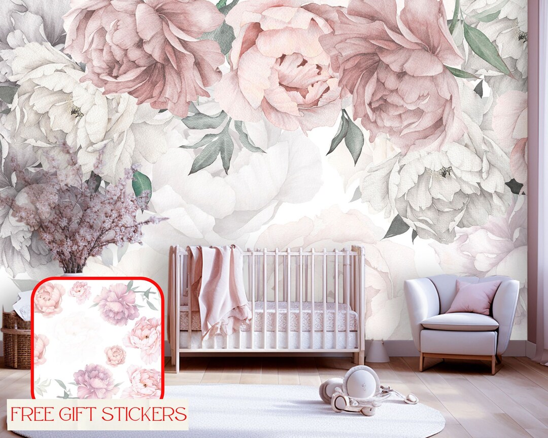 Soft Pastel Peonies Wallpaper Girl Room, Watercolor Peony Flower Wall ...