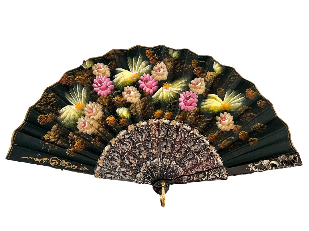 Vintage Spanish Fan Fabric and Celluloid Hand Folding Fan Hand Painted ...