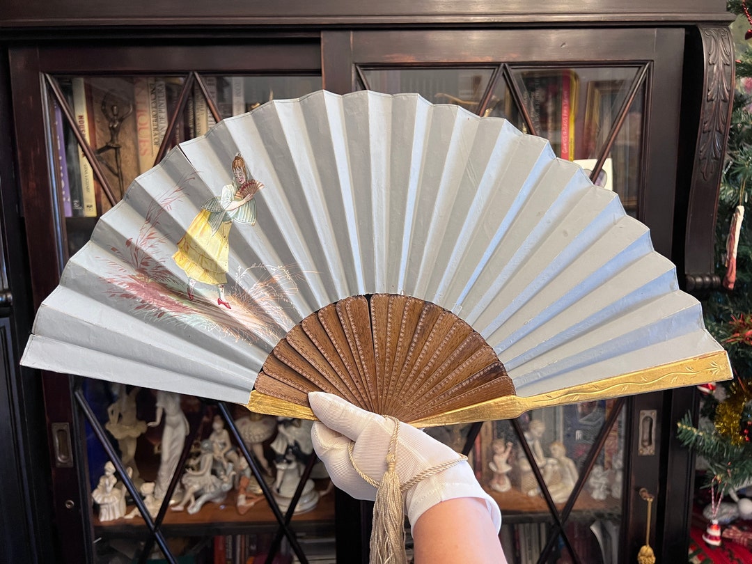 Victorian or Edwardian Wooden Fan, Gold Painted, Folding Hand Fan With ...