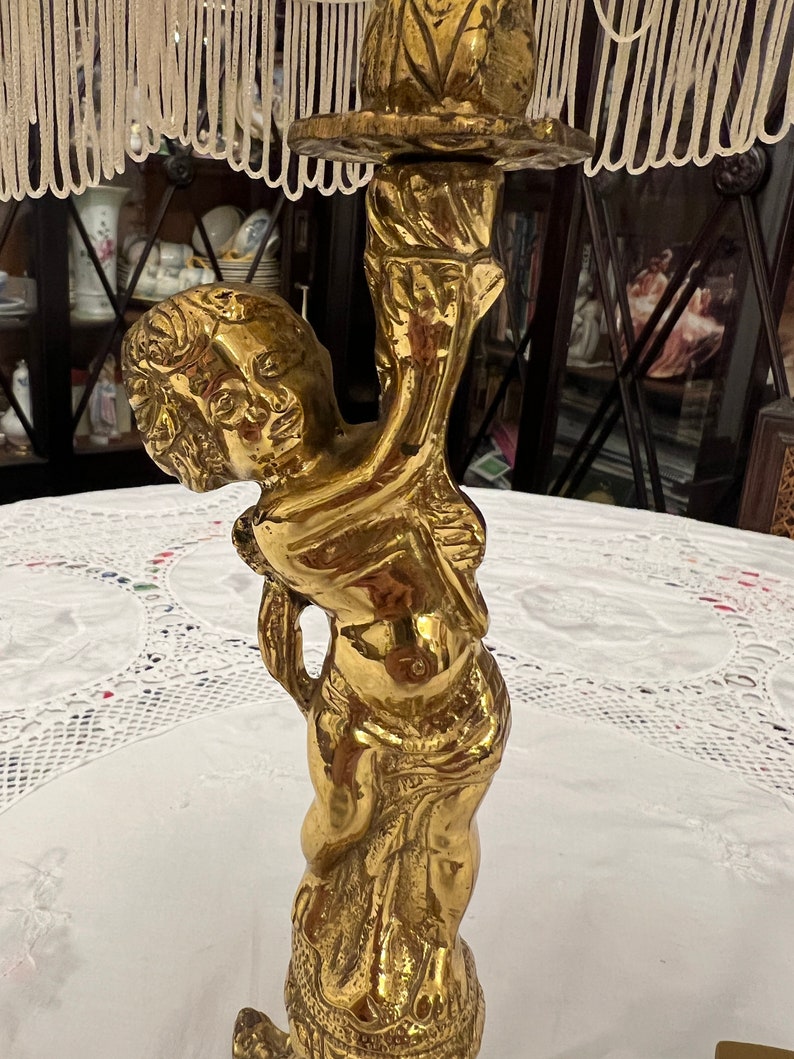 Antique Bronze Cherub Table Lamp With a Beautiful Fabric - Etsy