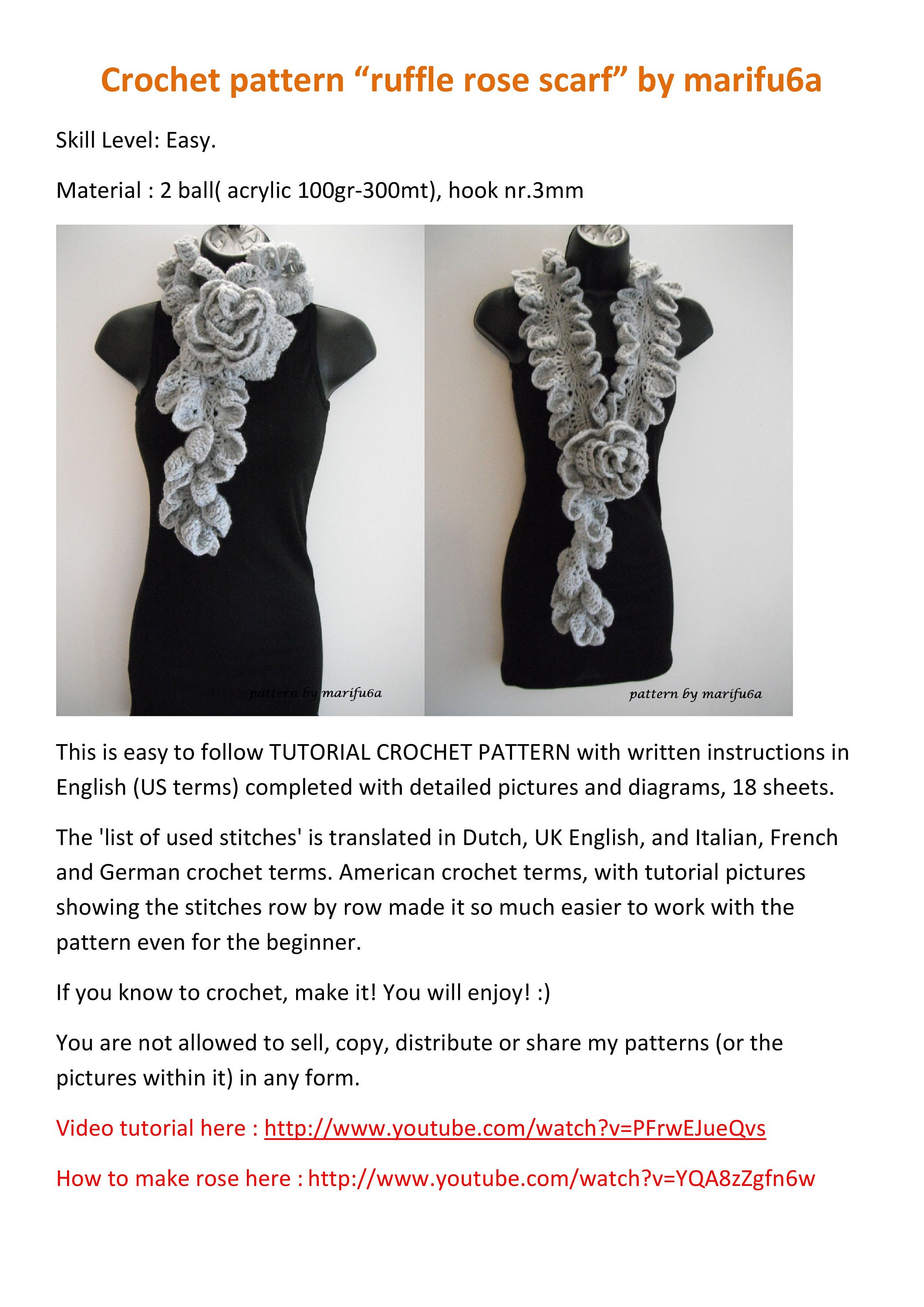 Crochet Pattern Ruffle Rose Scarf Pdf + Video - Etsy