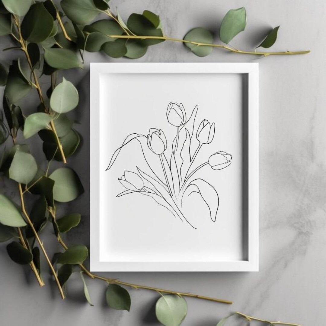 Tulip Line Drawing, Tulip Flower Line Art Digital Print, Flower Line ...
